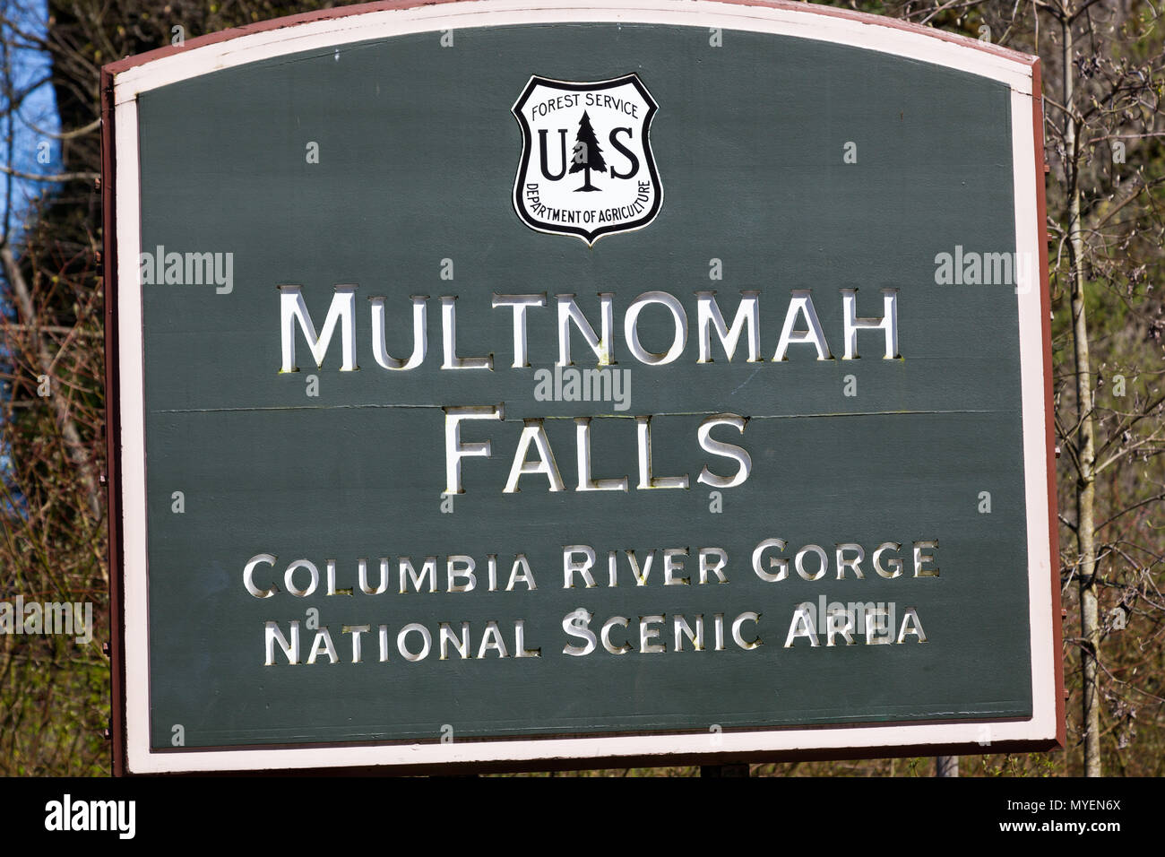 COLUMBIA RIVER GORGE - April 9 2014: A wooden sign identifying ...