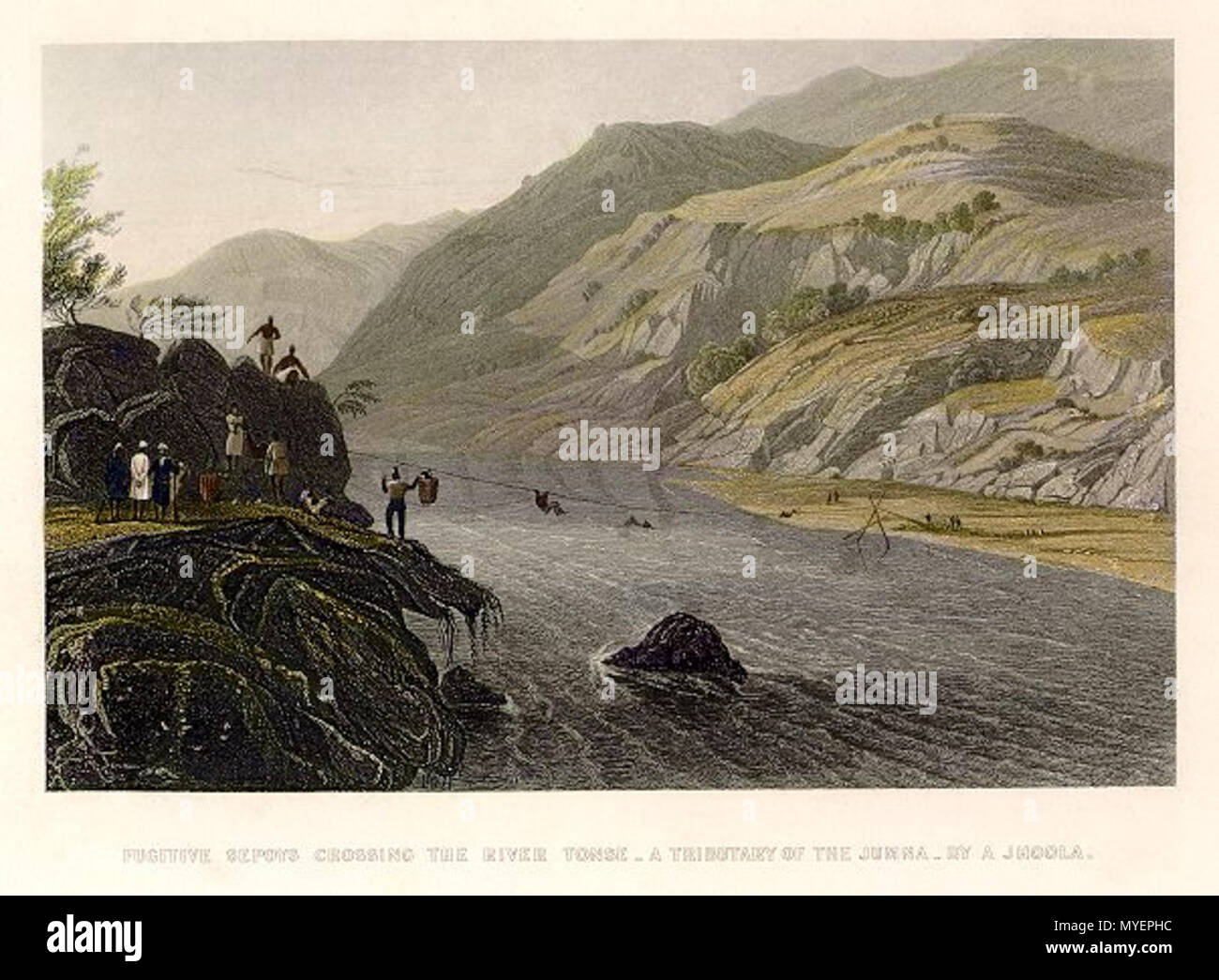 . English: 'Fugitive Sepoys crossing the River Tonse -- a Tributary of ...