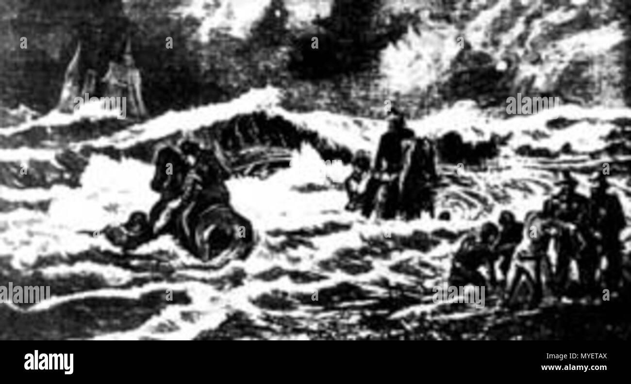 . This image shows a drawing of the shipwrecking of the SS Georgette in ...