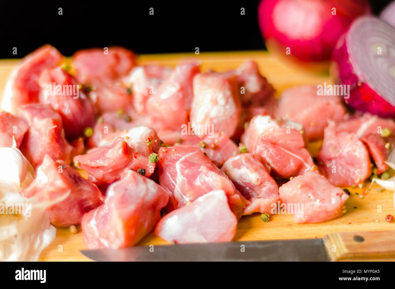 raw meat cut into pieces, pork prepared for cooking, red meat, cuisine ...