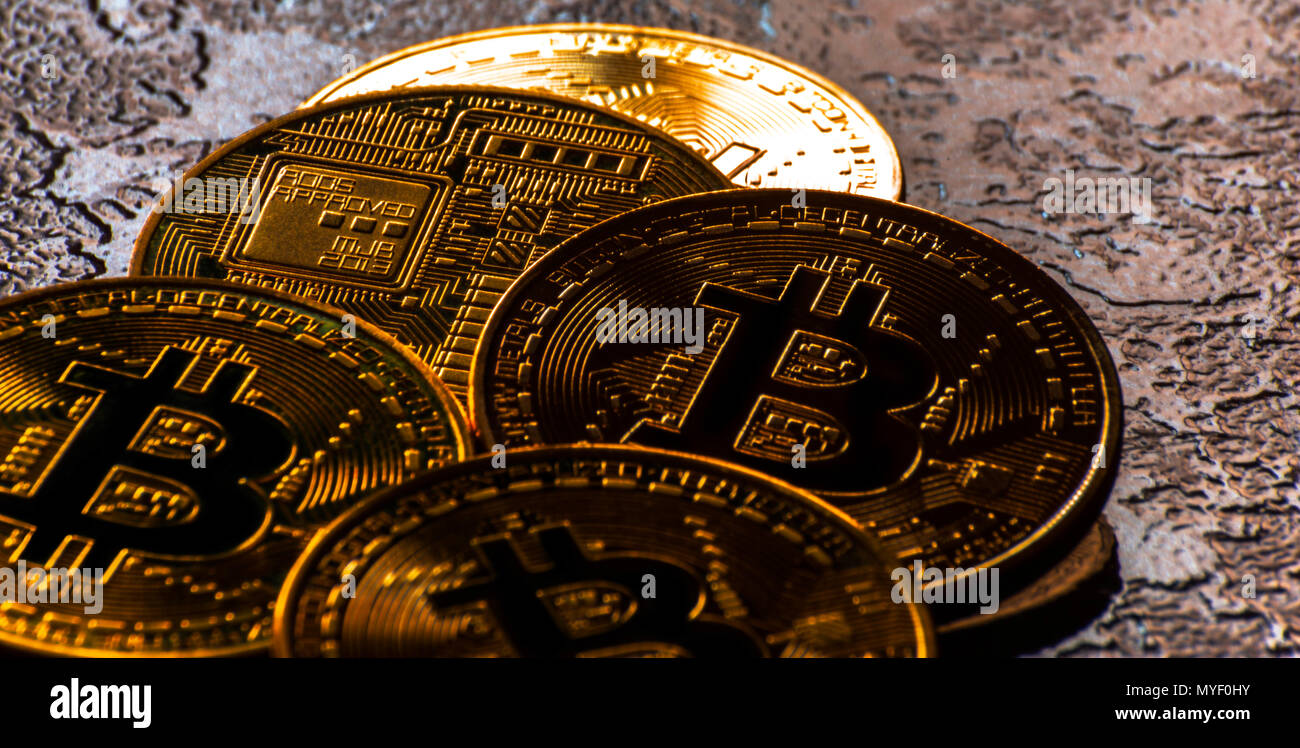 Crypto currency Golden Bitcoin, BTC, macro-shot coin, bitcoin mining ...