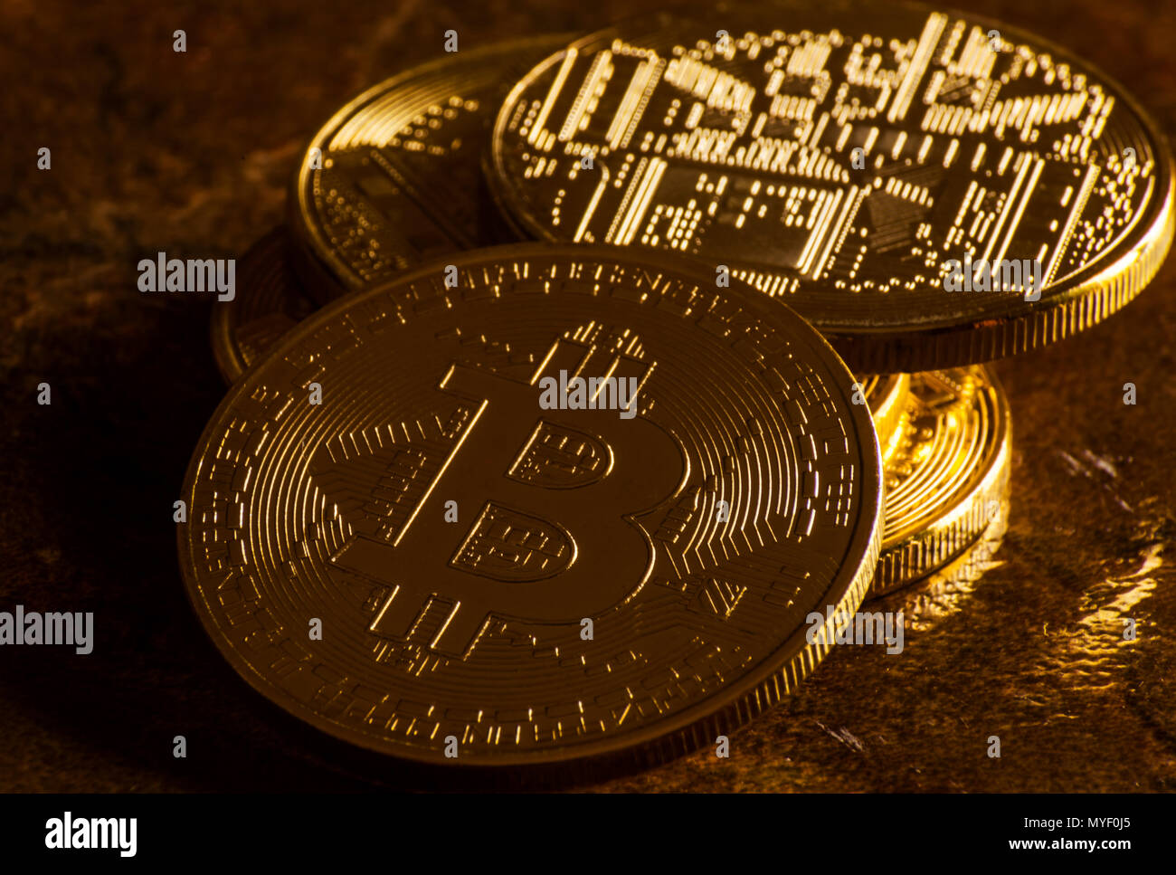 Crypto currency Golden Bitcoin, BTC, macro-shot coin, bitcoin mining ...