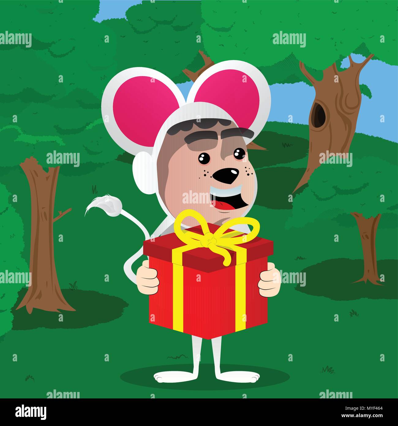 Boy dressed as mouse holding big gift box. Vector cartoon character ...