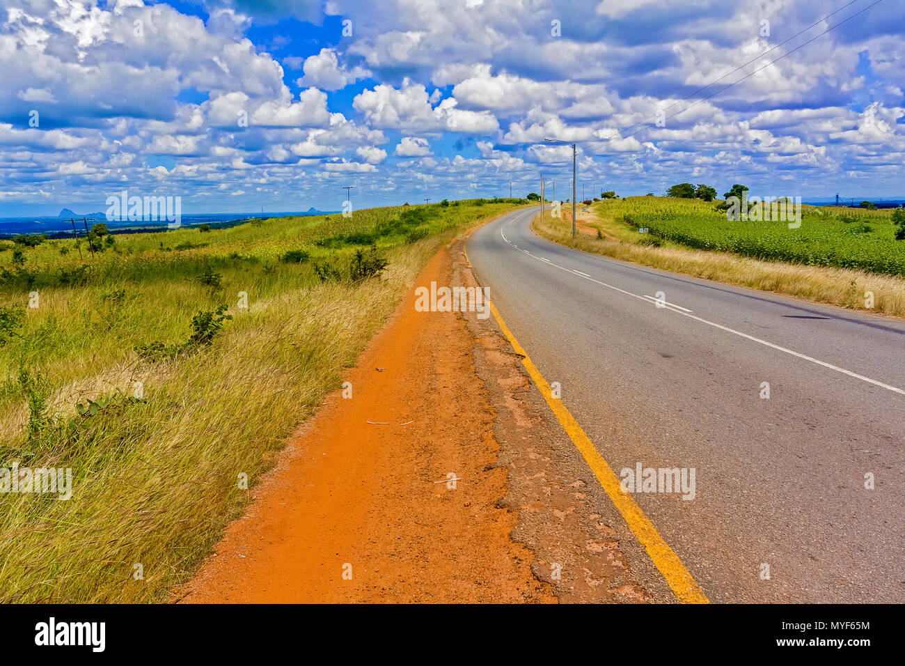 Countryside landscape and the road to Lilongwe the capital of Malawi ...