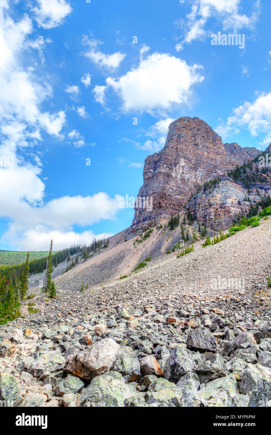 Boulders from a rock slide off Mount Babel in the background covered ...