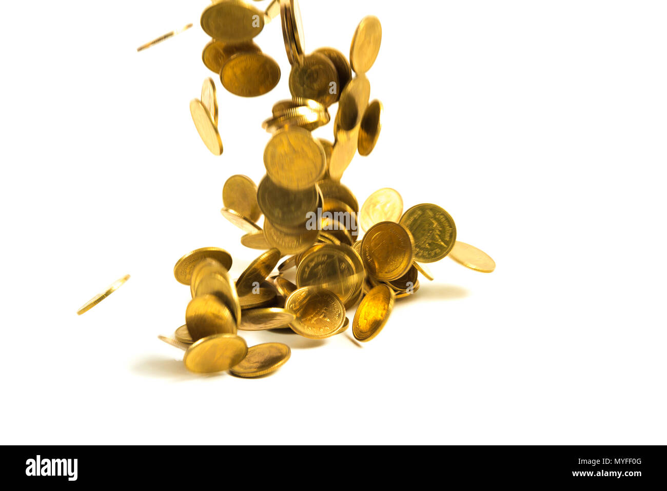 Falling gold coins money isolated on the white background, business ...