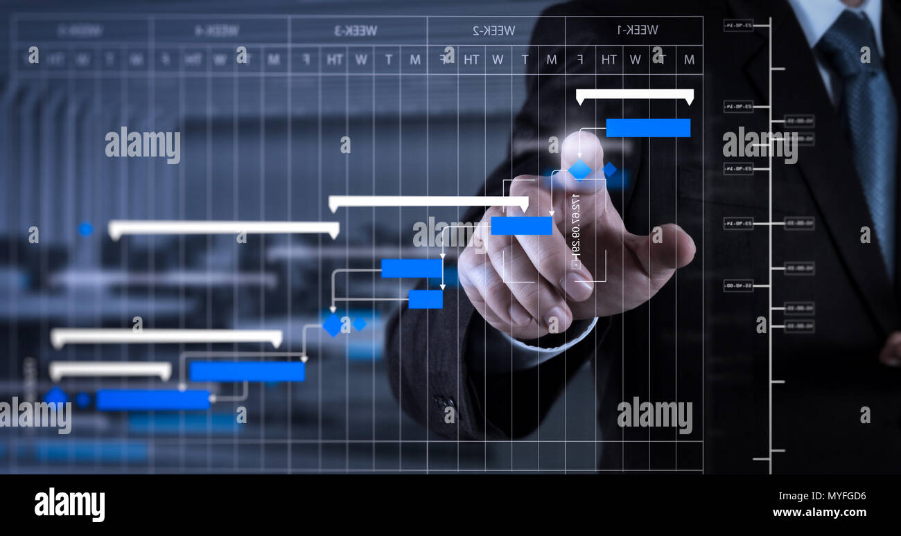 Project manager working and update tasks with milestones progress ...