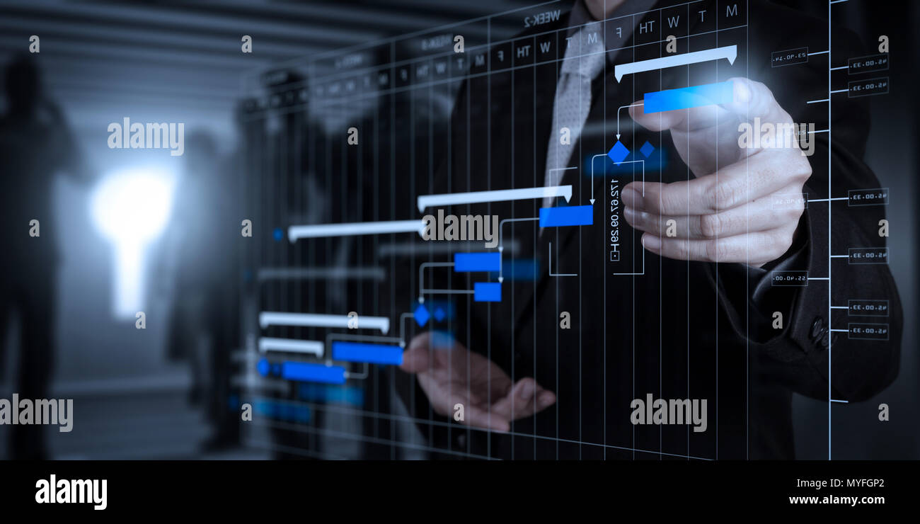 Project manager working and update tasks with milestones progress ...