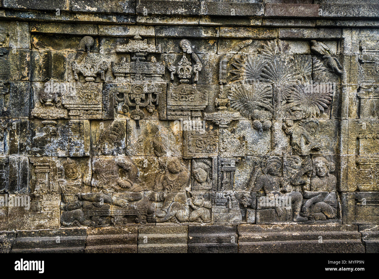 bas relief panel on a balustrade of 9th century Borobudur Buddhist ...