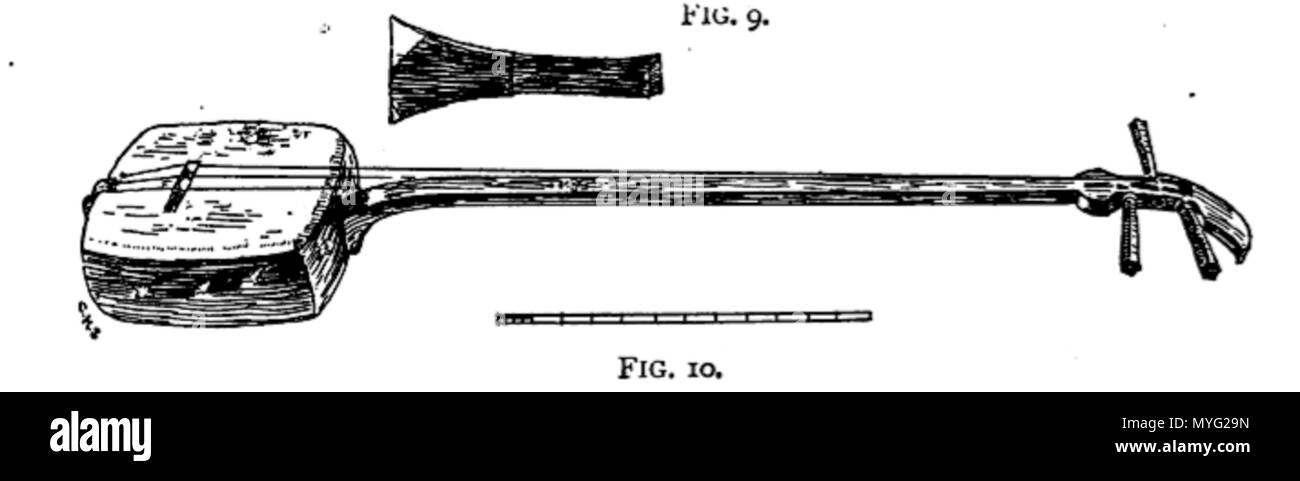 . 'Fig. 10. Japanese Samisen, played with a wooden plectrum tipped with ...