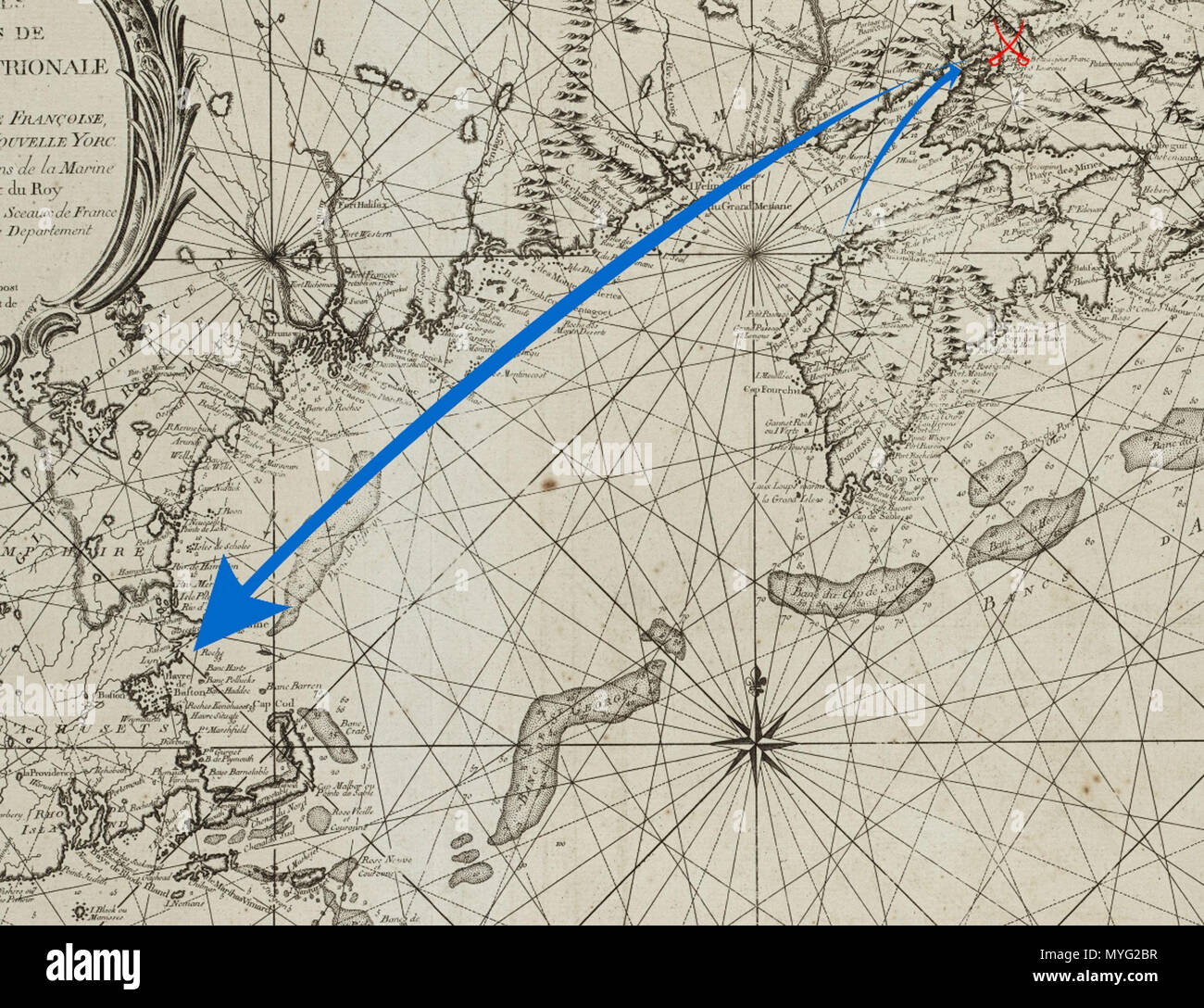 . Detail from an 18th century map annotated to show the movements of ...