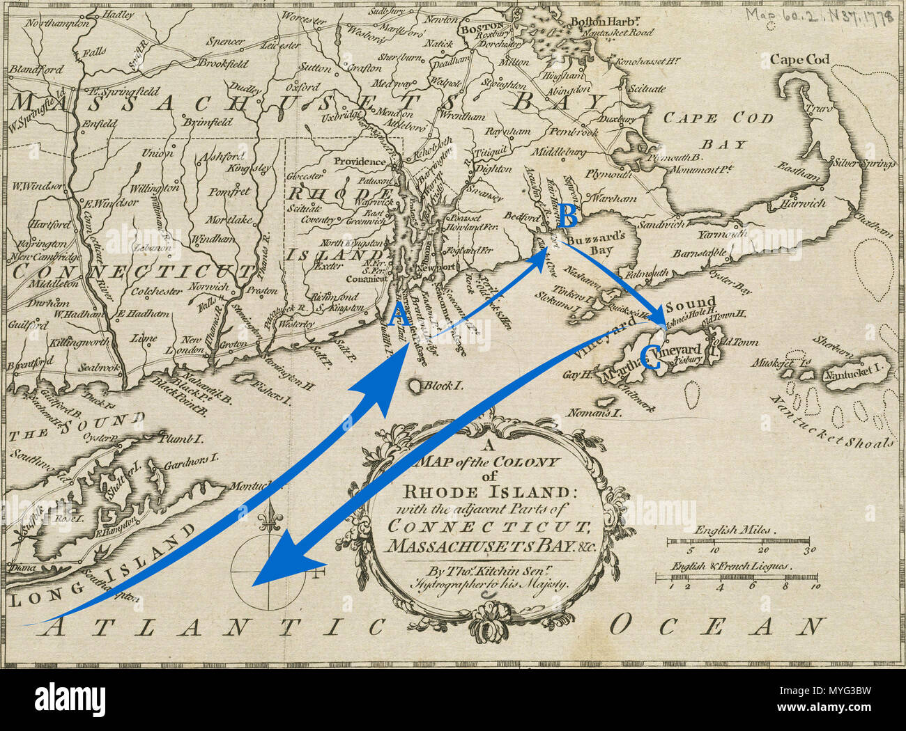 . A 1778 map annotated with the route of a raiding expedition against ...