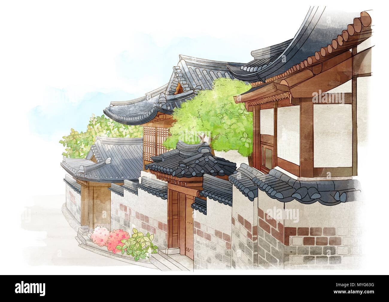 the beauty of the hanok, traditional Korean-style house on watercolor ...