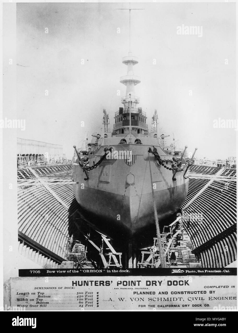 Bow view of the 'Oregon' USS Oregon (BB-3) in the dock.(Hunters' Point ...
