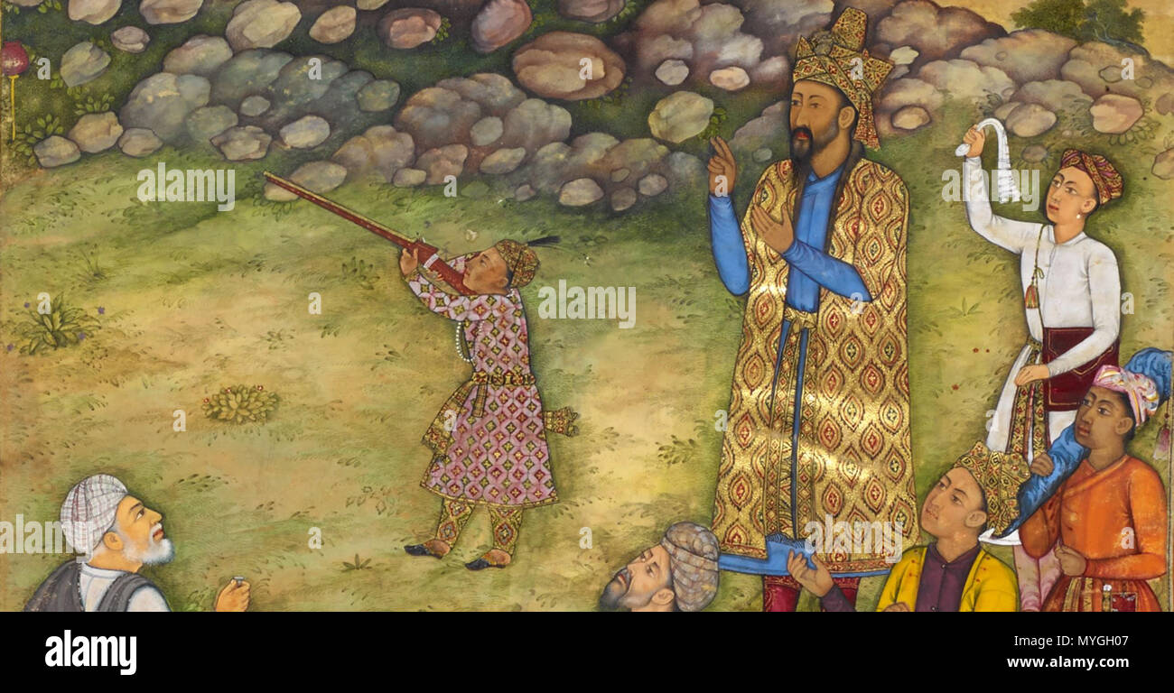 . English: Humayun teaches young Akbar to shoot, detail, Akbarnama ...