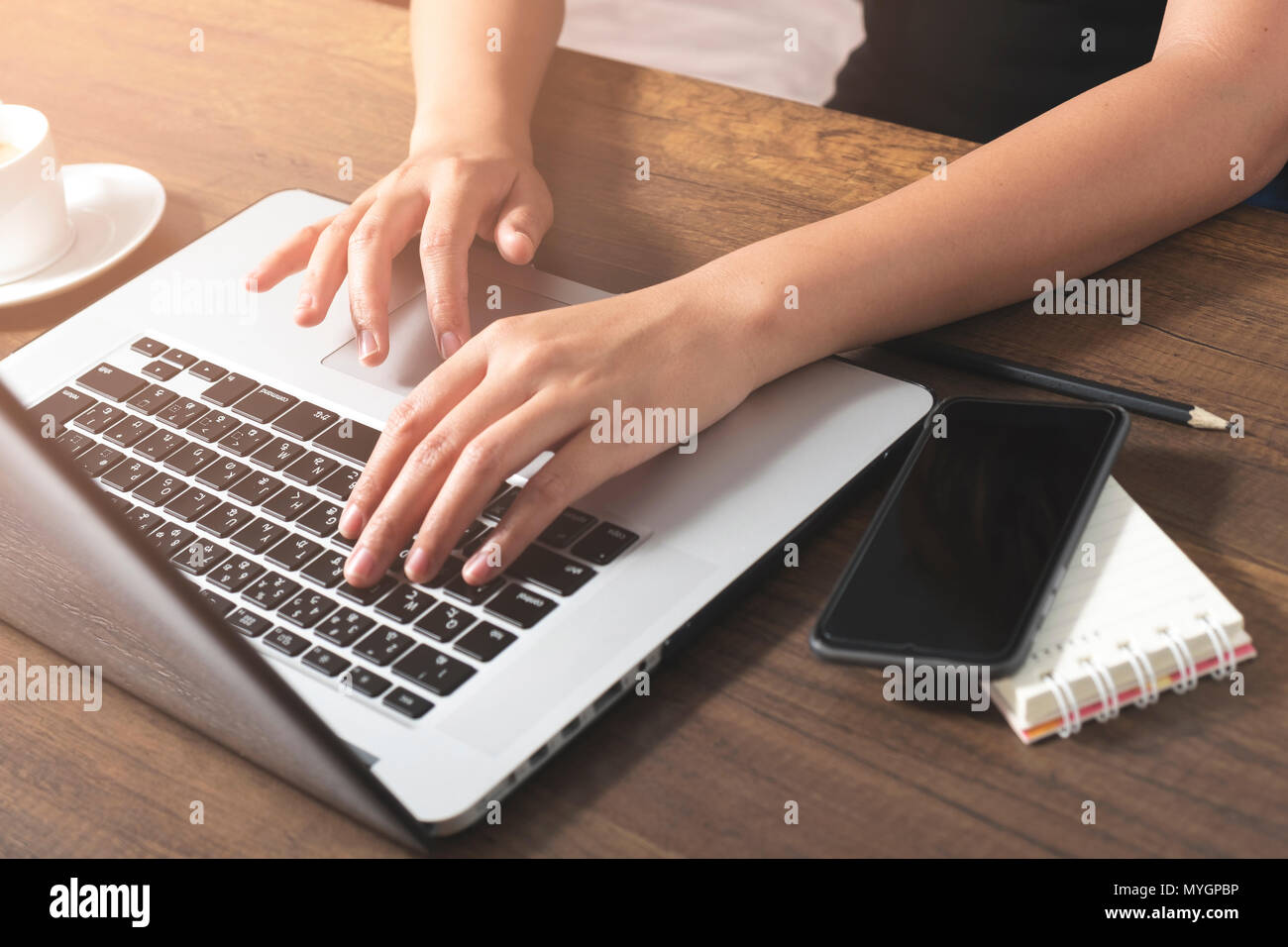 Business woman working on desk. Business and technology concept Stock ...