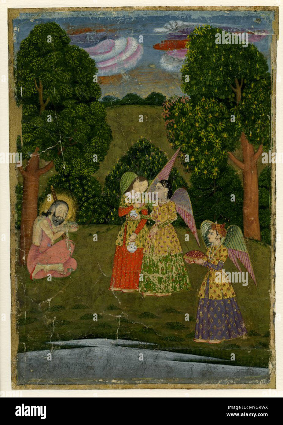 252 Ibráhím Adham sitting beneath a tree and receiving three angels ...