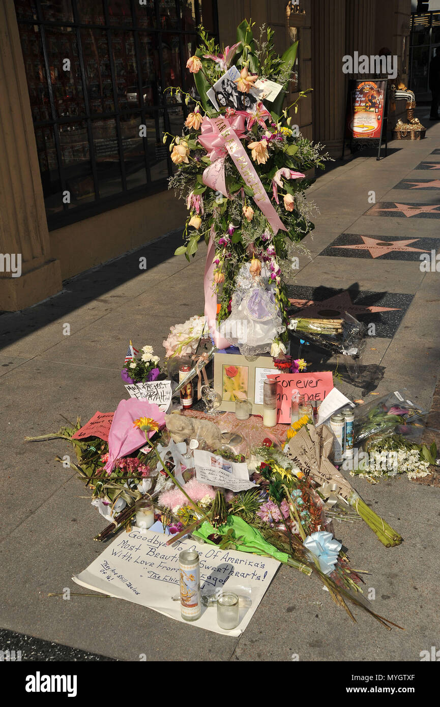Flowers, memory card and candles on the Hollywood Walk Of Fame Star of ...