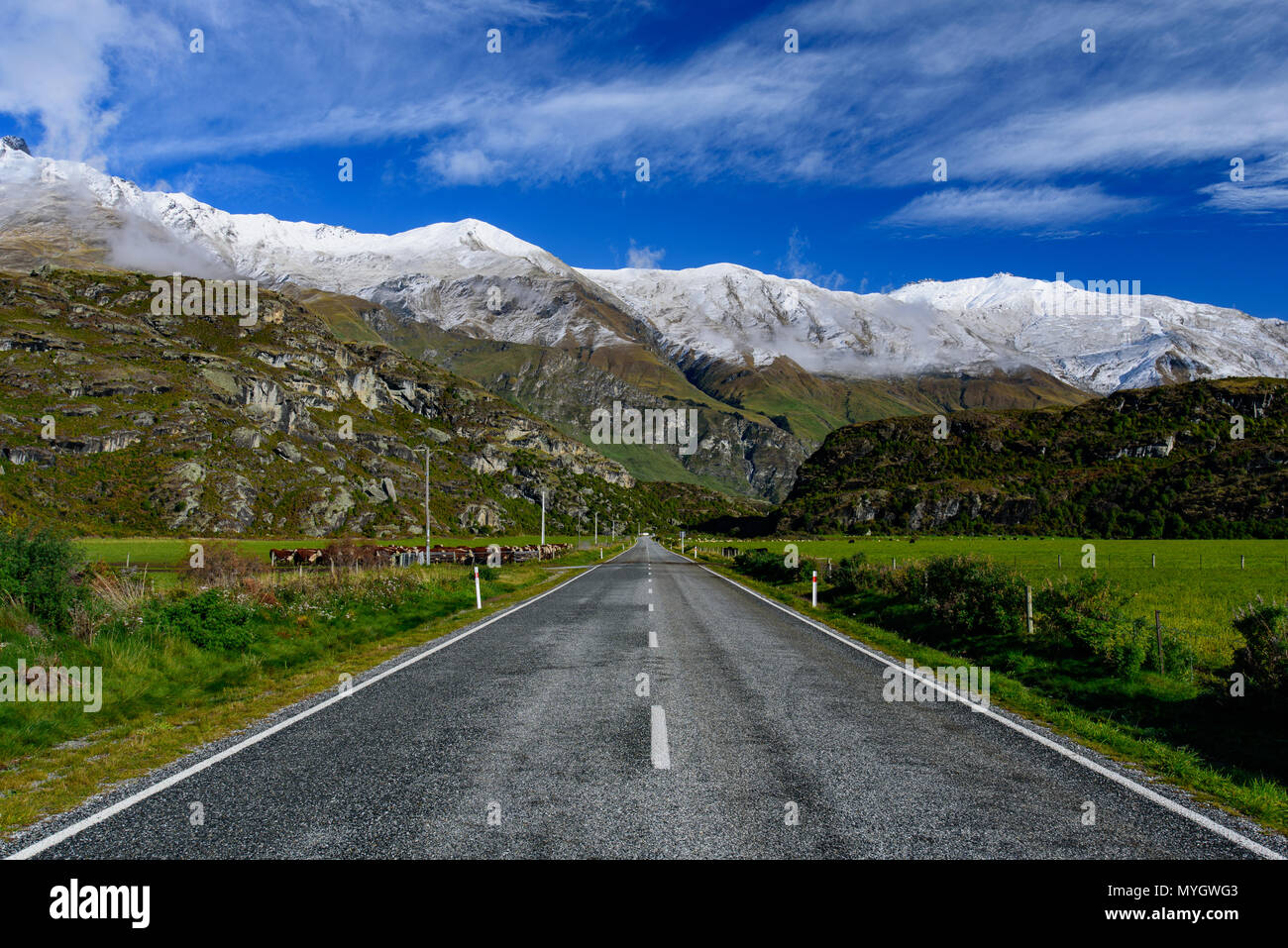 Road trip on the way in winter with snow mountains, South Island, New ...