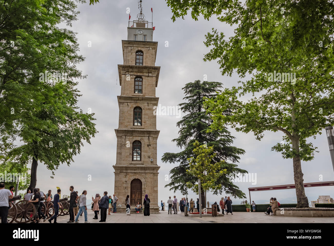 People visit historical tophane Clock Tower in Bursa,Turkey.20 May 2018 ...