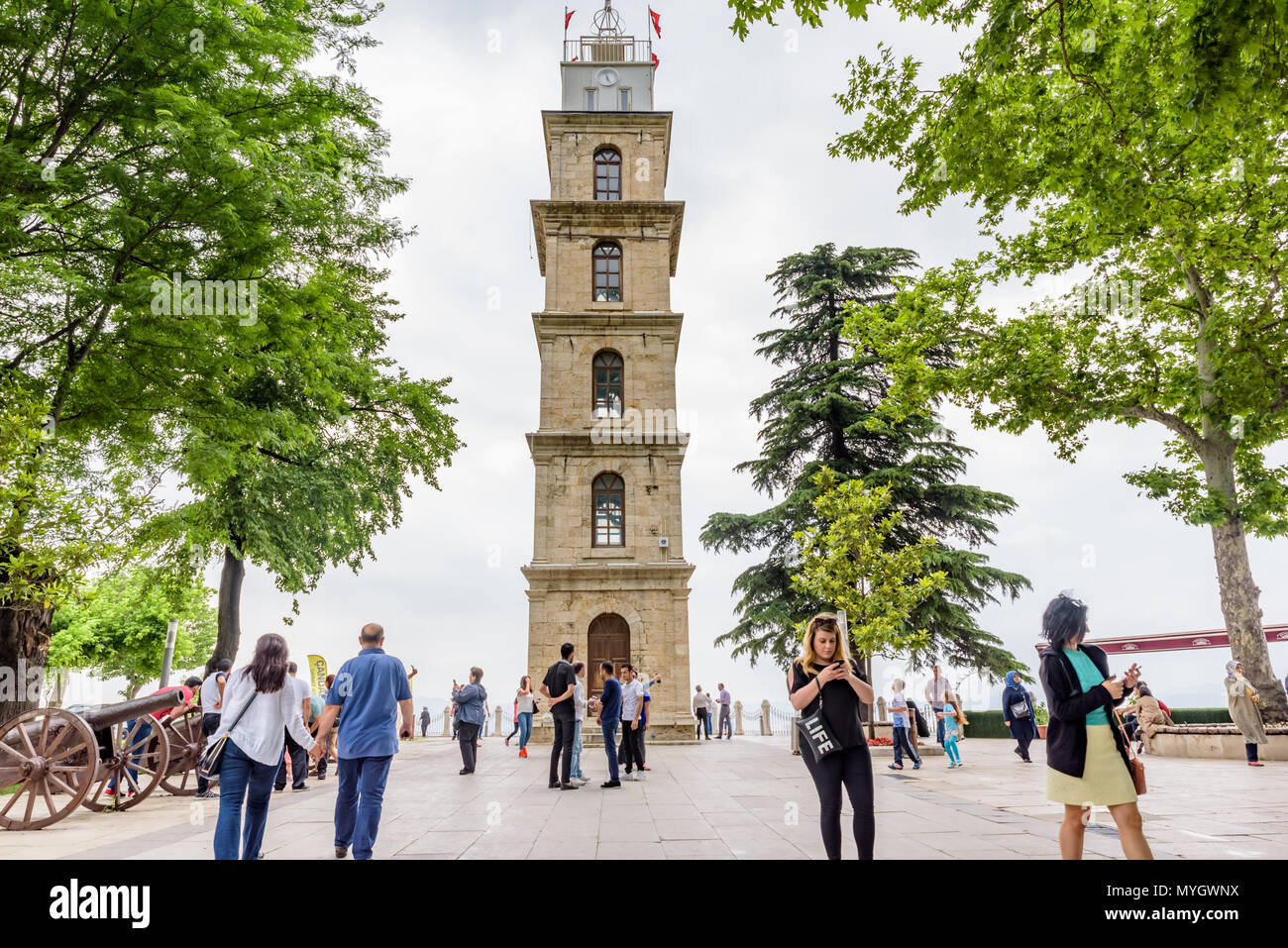 People visit historical tophane Clock Tower in Bursa,Turkey.20 May 2018 ...