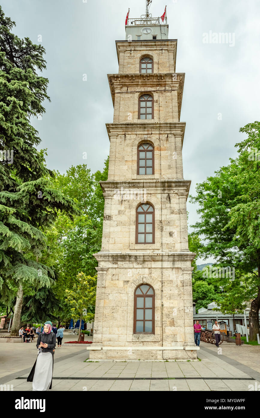 People visit historical tophane Clock Tower in Bursa,Turkey.20 May 2018 ...