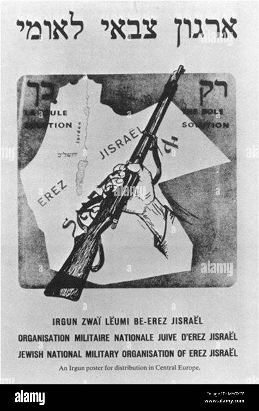 . English: Historic poster of the Irgun, made for distribution in ...