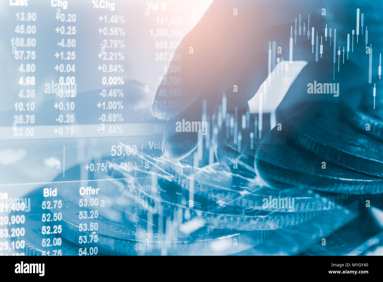 Business man on stock market financial trade indicator background. Man ...