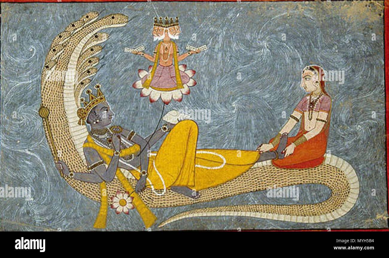 . The deity Vishnu reclines on the coil of the great serpent Shesha ...