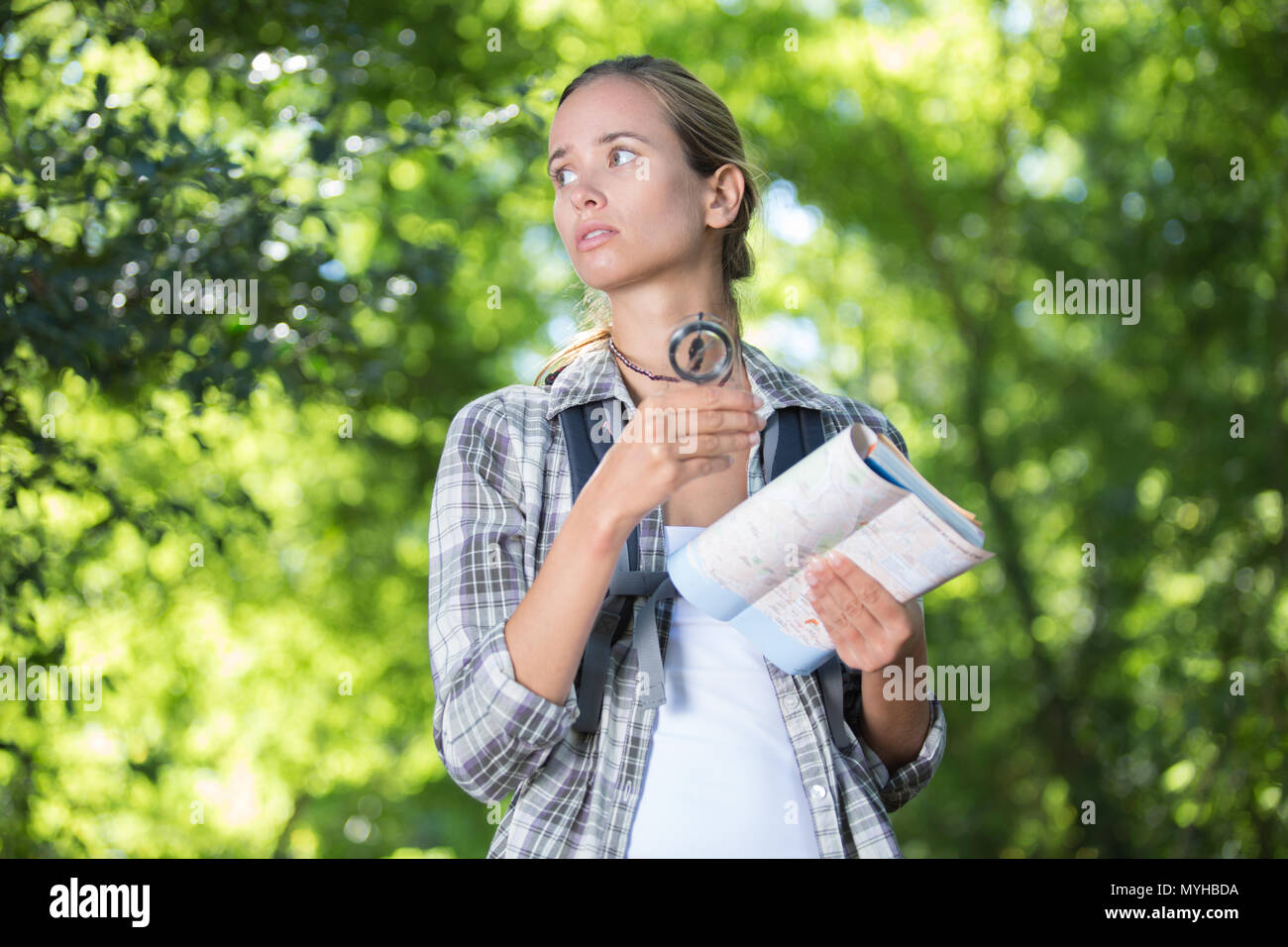 Female hiker looking compass hi-res stock photography and images - Alamy