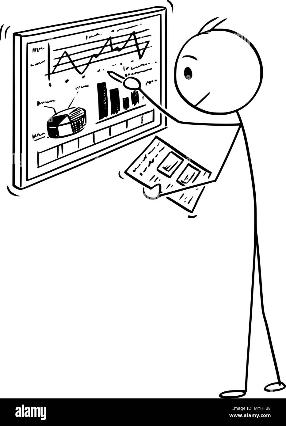 Cartoon of Businessman Working With Charts on Computer Screen Stock ...