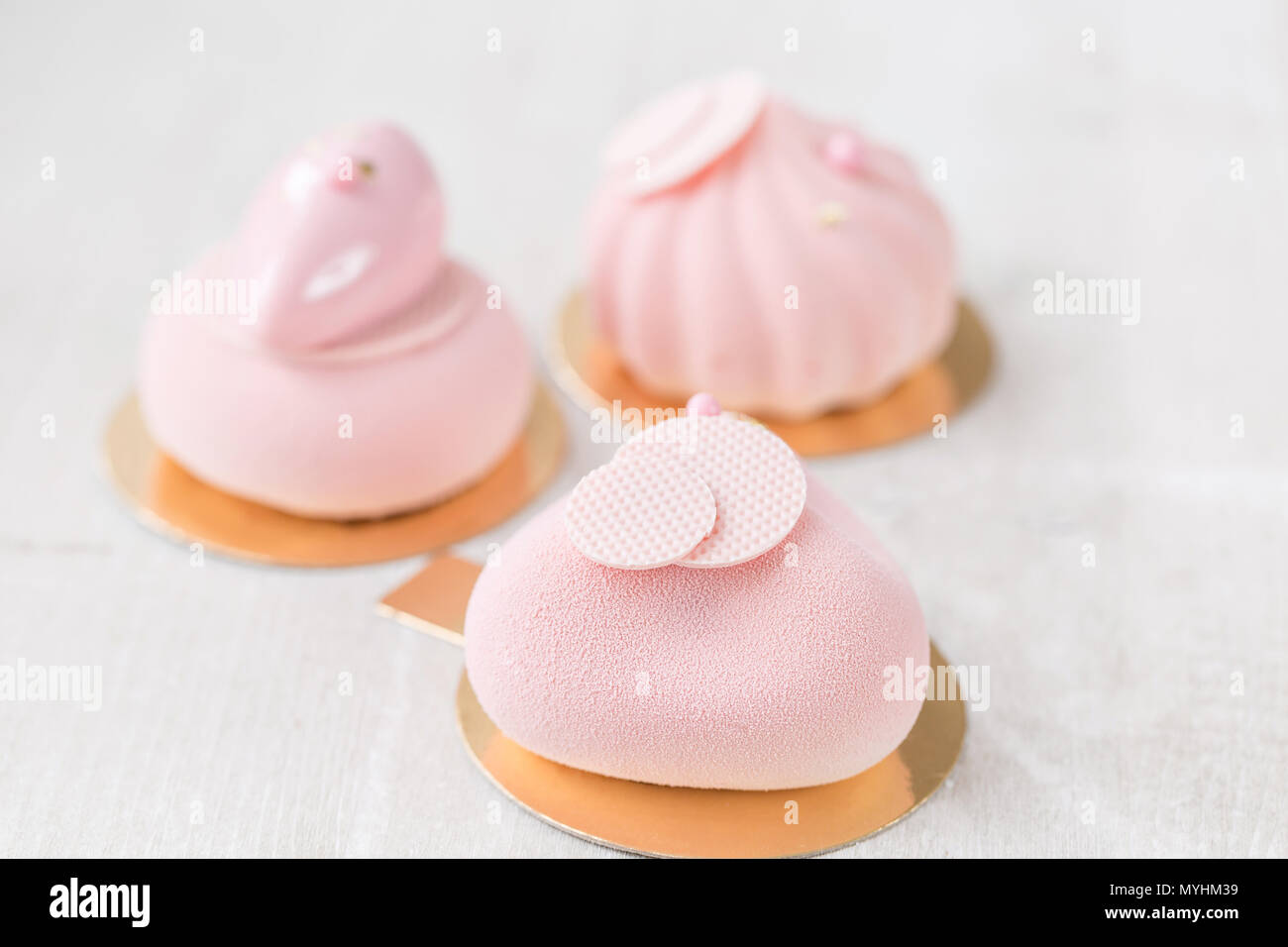 Pink mousse-cake. French dessert and flowers eucalyptus on a white ...