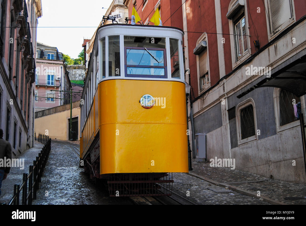The Gloria Funicular (Elevador da Gloria) in the city of Lisbon ...