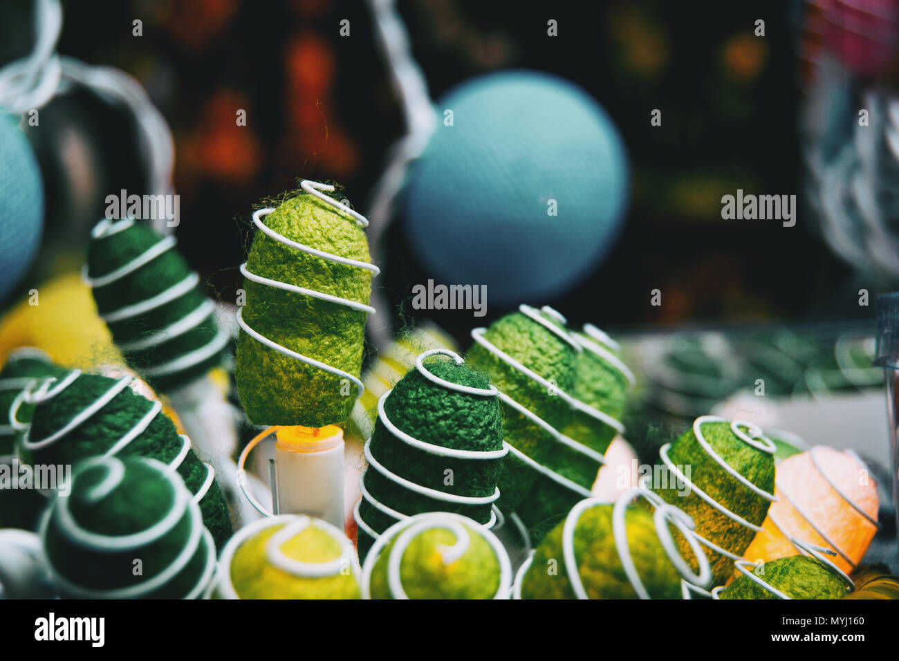 garland of colorful lights in a medieval market Stock Photo - Alamy