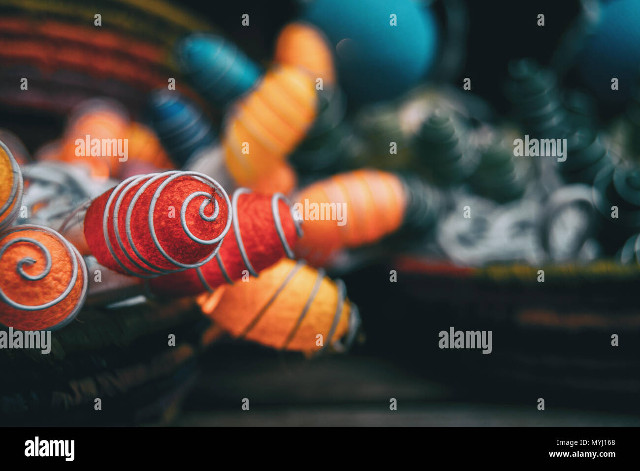 garland of colorful lights in a medieval market Stock Photo - Alamy