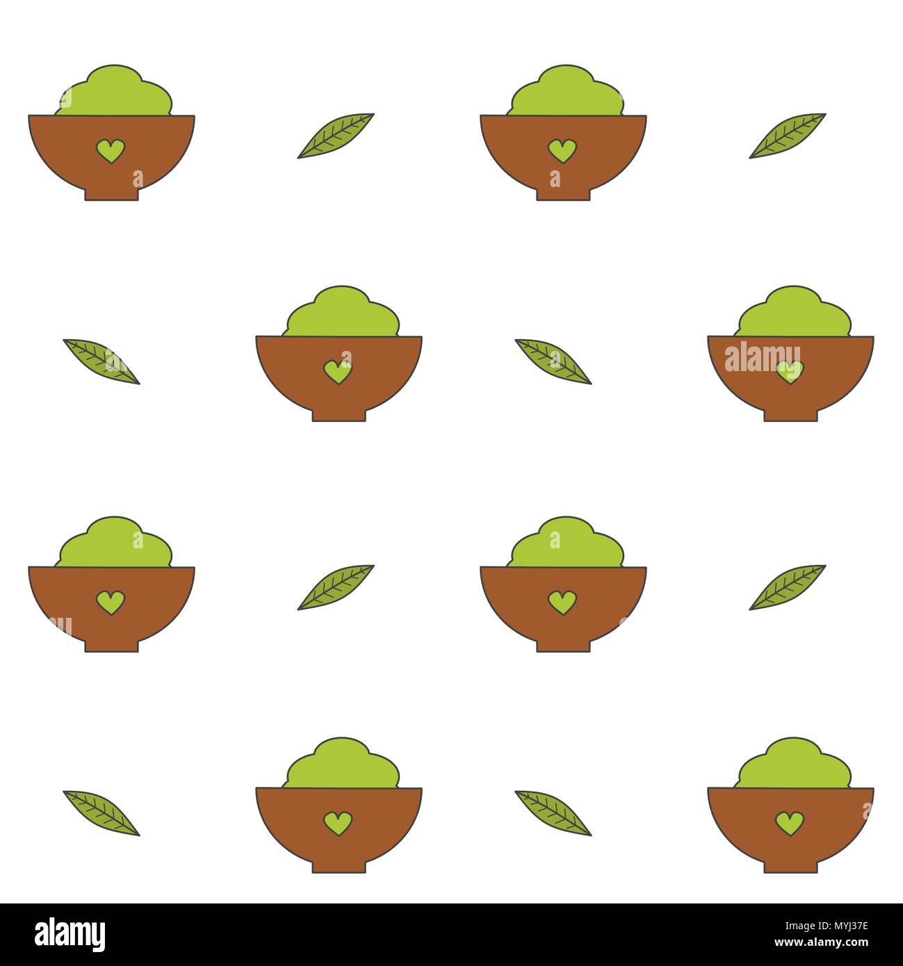 cute cartoon matcha powder green tea in bowl cup with leaf seamless ...