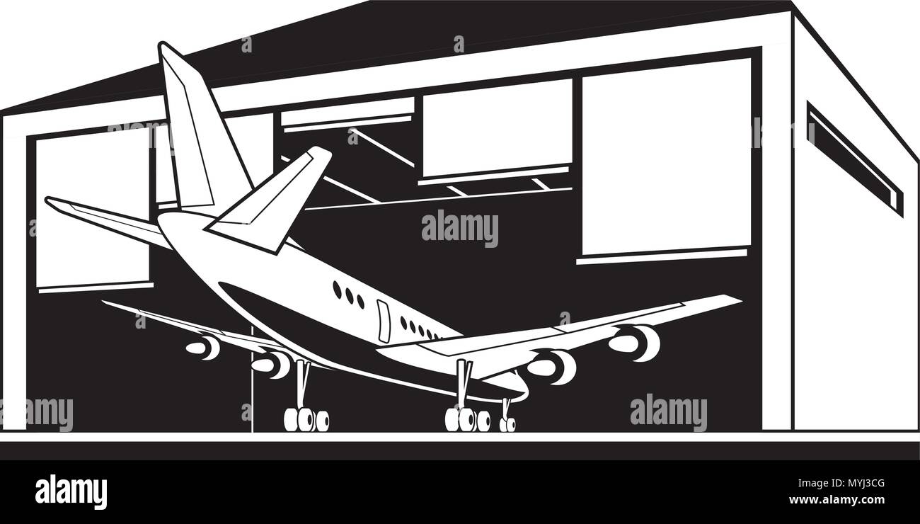 Aircraft enter hangar at airport - vector illustration Stock Vector ...