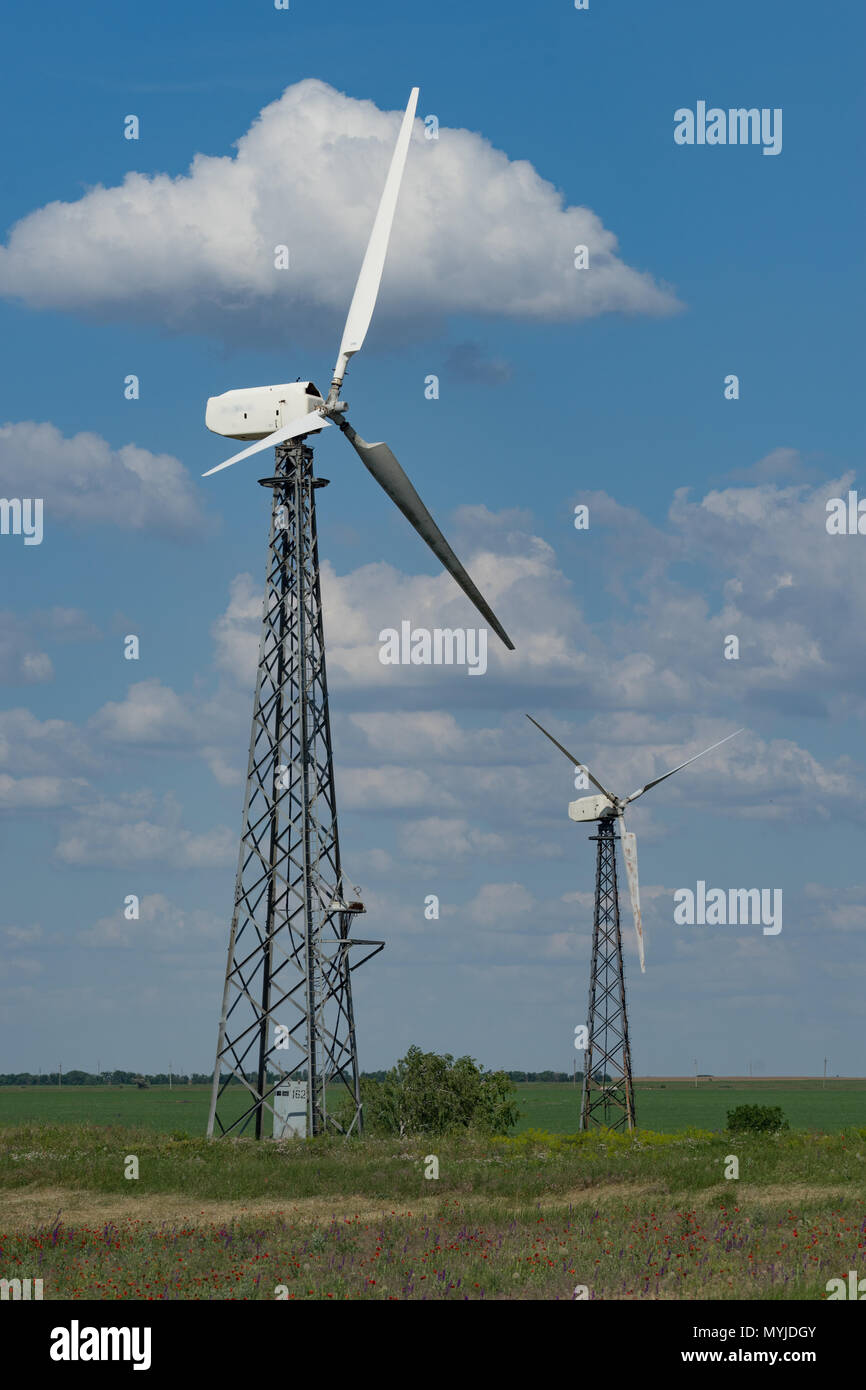 Evpatoria, Crimea-may 25, 2018: Panorama of wind farms against the blue ...