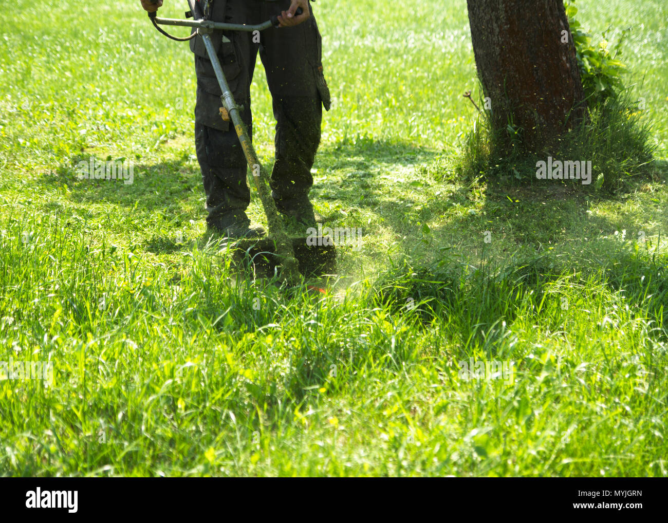The man mowing green wild grass field using brush cutter mower or power ...