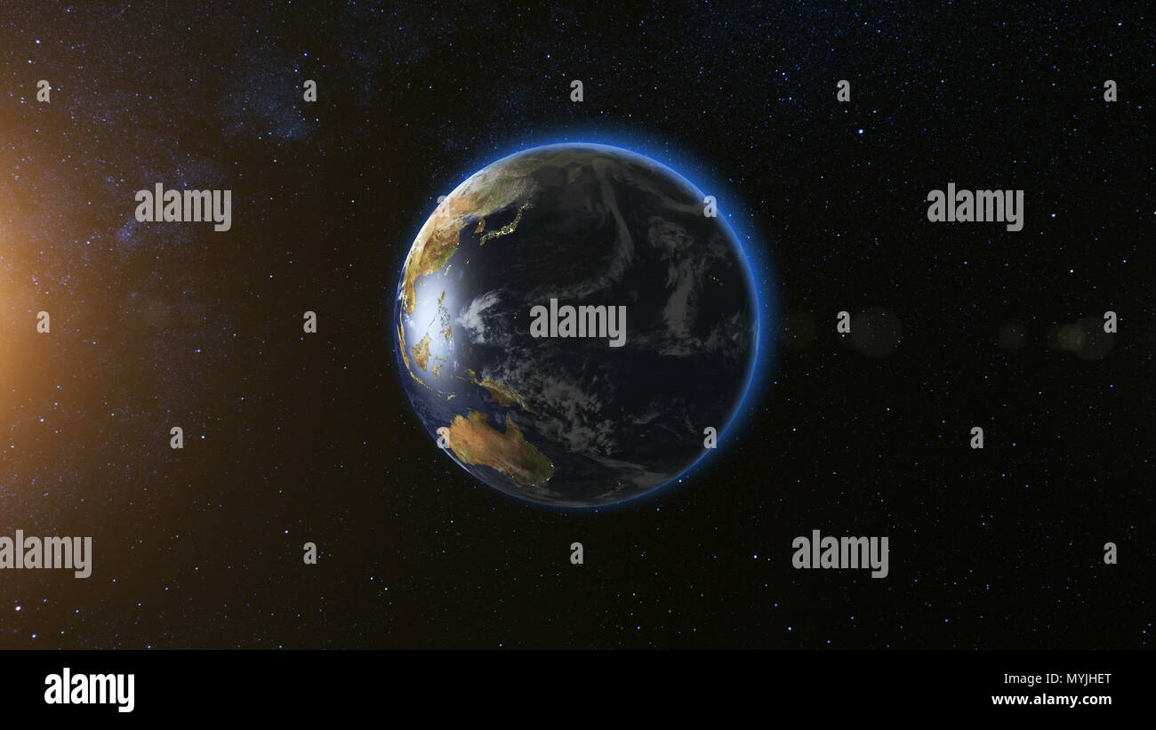 Space view on Planet Earth and Sun Star rotating on its axis in black ...