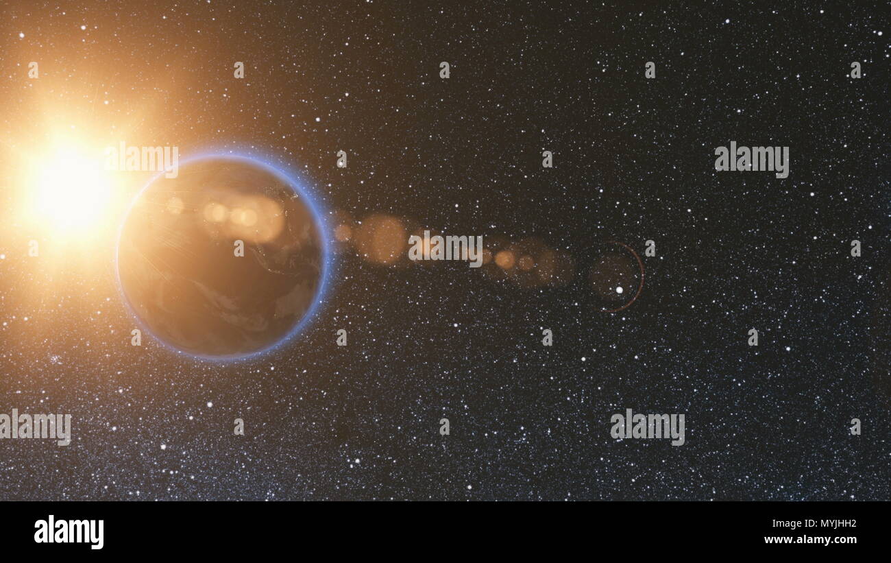 Space view on Planet Earth and Sun Star rotating on its axis in black ...