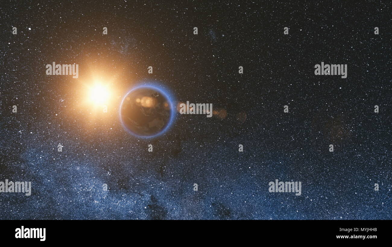Space view on Planet Earth and Sun Star rotating on its axis in black ...