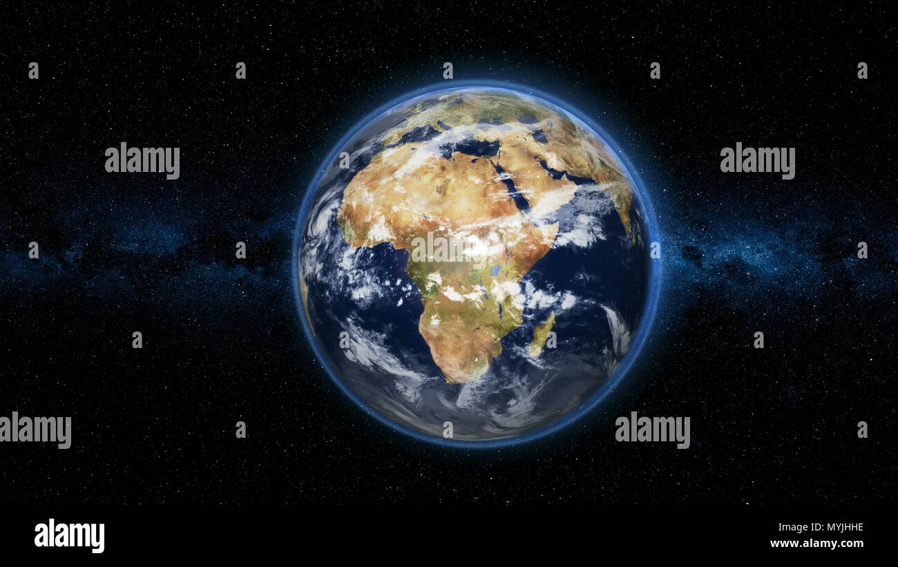 Realistic Earth Planet, rotating on its axis in space against the ...