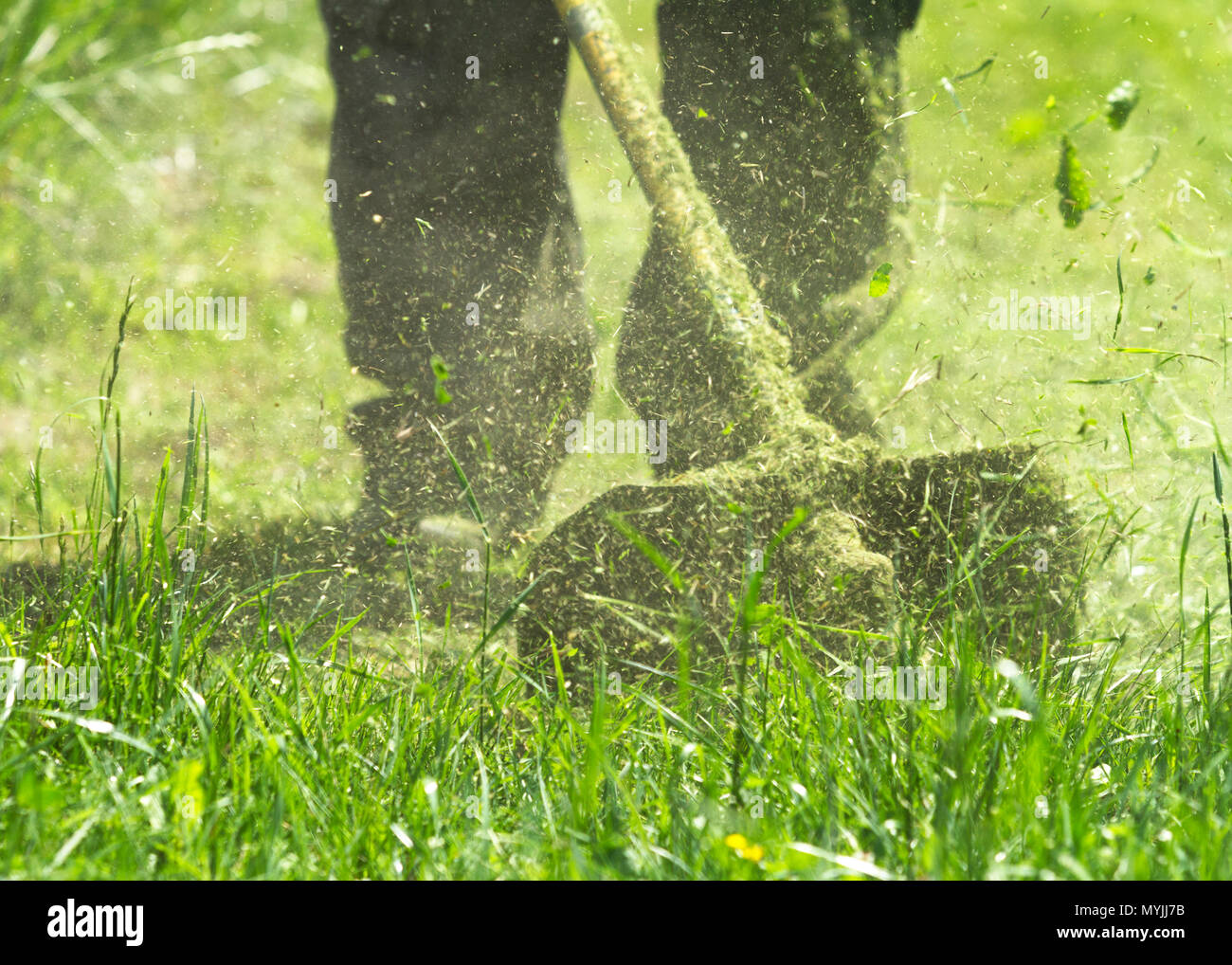 The man mowing green wild grass field using brush cutter mower or power ...