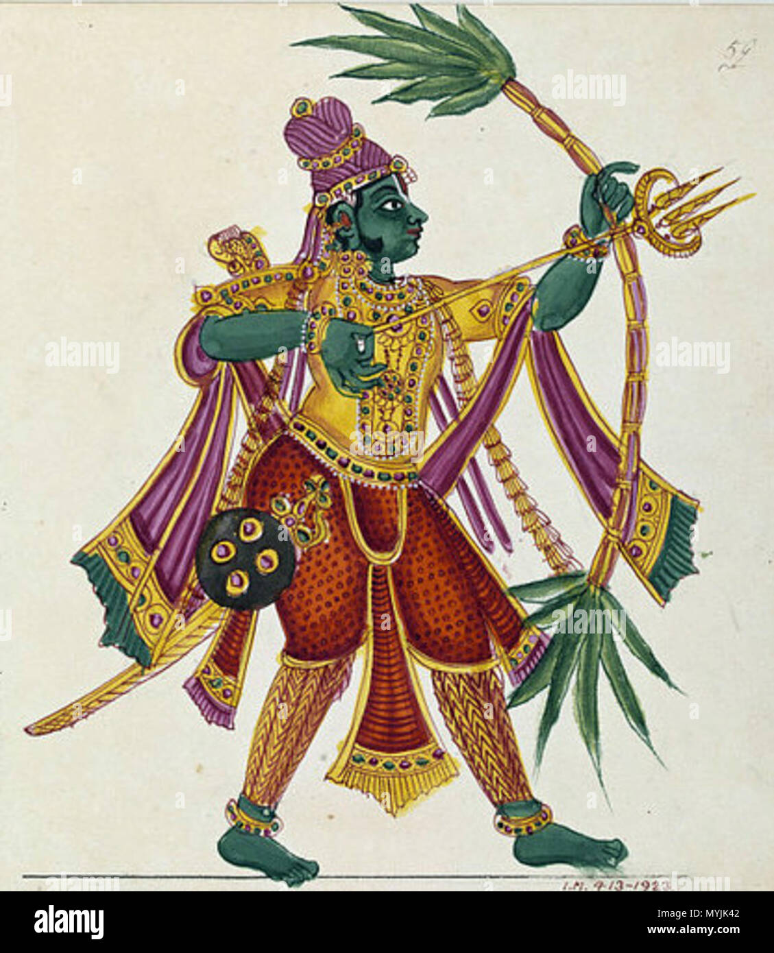 . English: Kamadeva: A green-skinned warrior wearing a turban and armed with sword and buckler ...