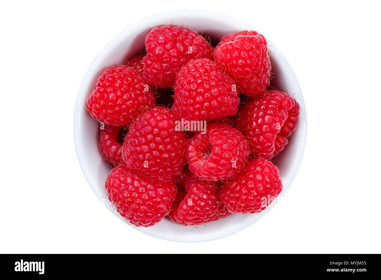 Raspberries berries from above bowl isolated on a white background ...