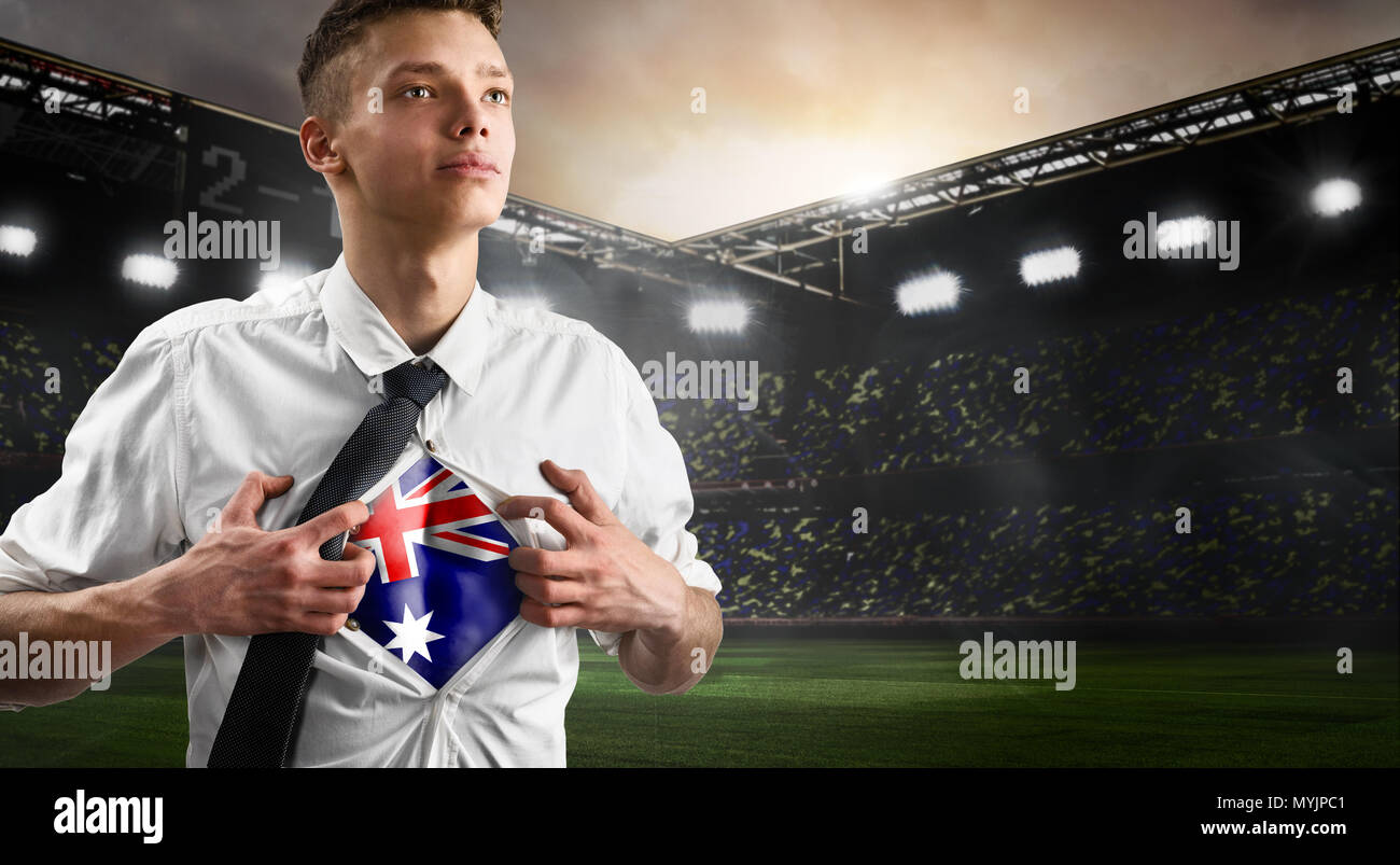 Australia soccer or football supporter showing flag Stock Photo - Alamy