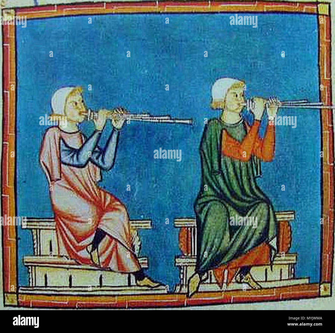 . English: Medieval painting of a triple reedpipe from the Cantigas de ...