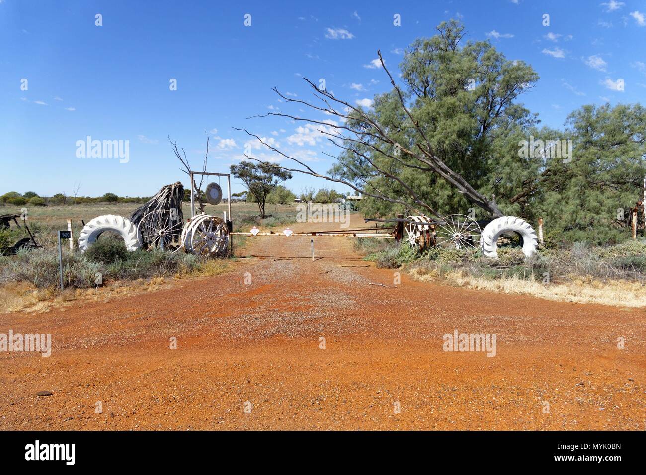 Rural farm gate entrance from road, Mullewa, Western Australia April ...