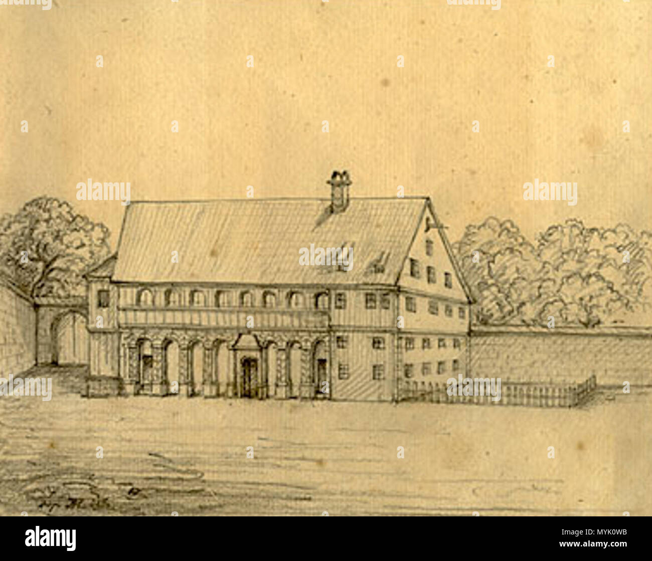 . Zeichnung des nicht mehr existenten Ballhauses in Coburg, Deutschland ...